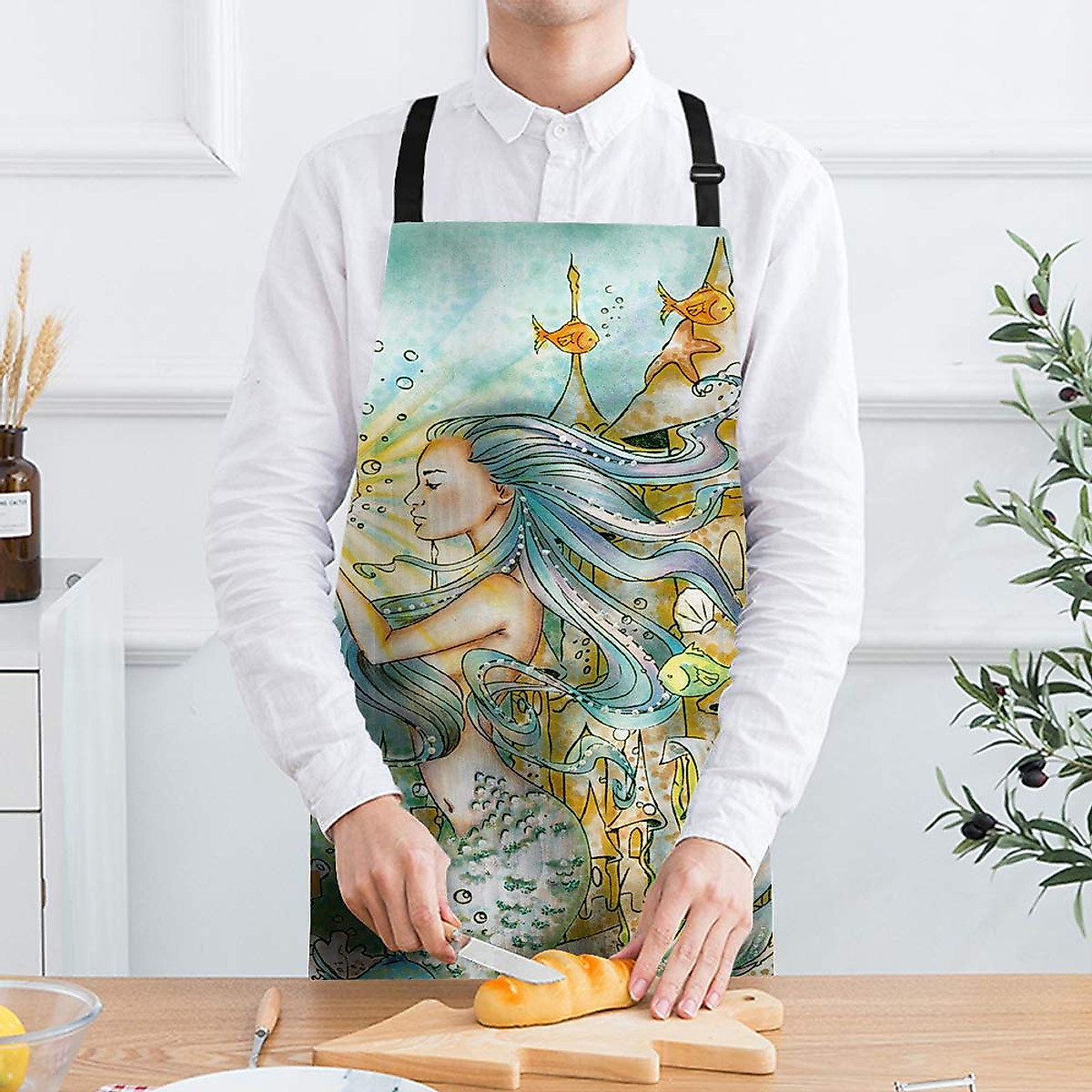 SSOIU Mermaid Cooking Apron, Legendary Mermaid Beautiful Mermaid Art Kitchen Apron For Baking/BBQ Men Women Unisex Waterproof 31X27 Inches