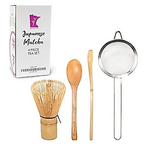 BambooMN Japanese Tea Set, Matcha Whisk (Chasen), Tea Strainer, Traditional Scoop (Chashaku), Teaspoon, The Perfect Set to Prepare a Traditional Cup of Matcha - 1 Set