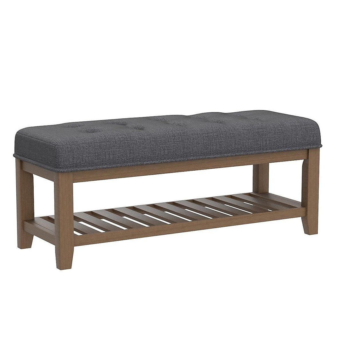 24KF Large Rectangular Upholstered Tufted Linen Fabric Ottoman Bench, Padded Bench with Solid Wood Shelf-Charcoal