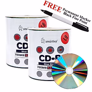 Smartbuy 200-disc 700mb/80min 52x CD-R Silver Shiny Blank Recordable Disc + Black Permanent Marker