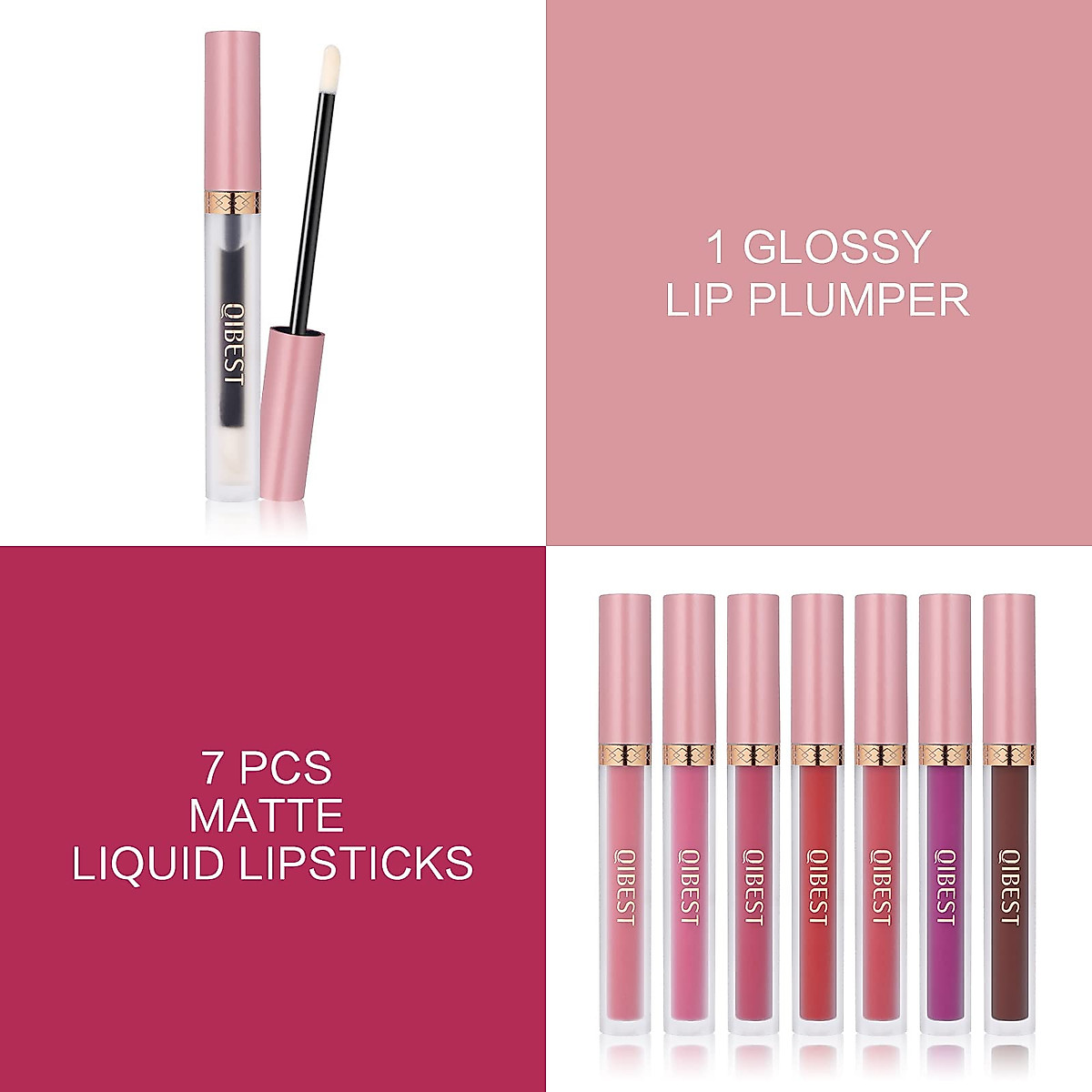 QiBest 7Pcs Matte Liquid Lipstick and 1Pcs Lip Plumper Makeup Set, Pigmented Waterproof Halloween Lip Make Up Valentine's Day Gift Lip Gloss Sets Long Wearing Velvet Lip Kit for Teens & Women