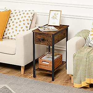 HOOBRO Side Table, 2-Tier Nightstand with Drawer, Narrow End Table for Small Spaces, Stable and Sturdy Construction, Coffee Table with Metal Frame, Rustic Brown and Black BF048BZ01