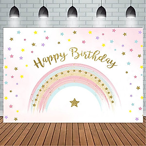 MAYSSKQ Rainbow Birthday Backdrop Colorful Pastel Rainbow Party Background Rainbow of Fun Gold Stars Sprinkle Girl Birthday Backdrops Decorations (7x5ft)