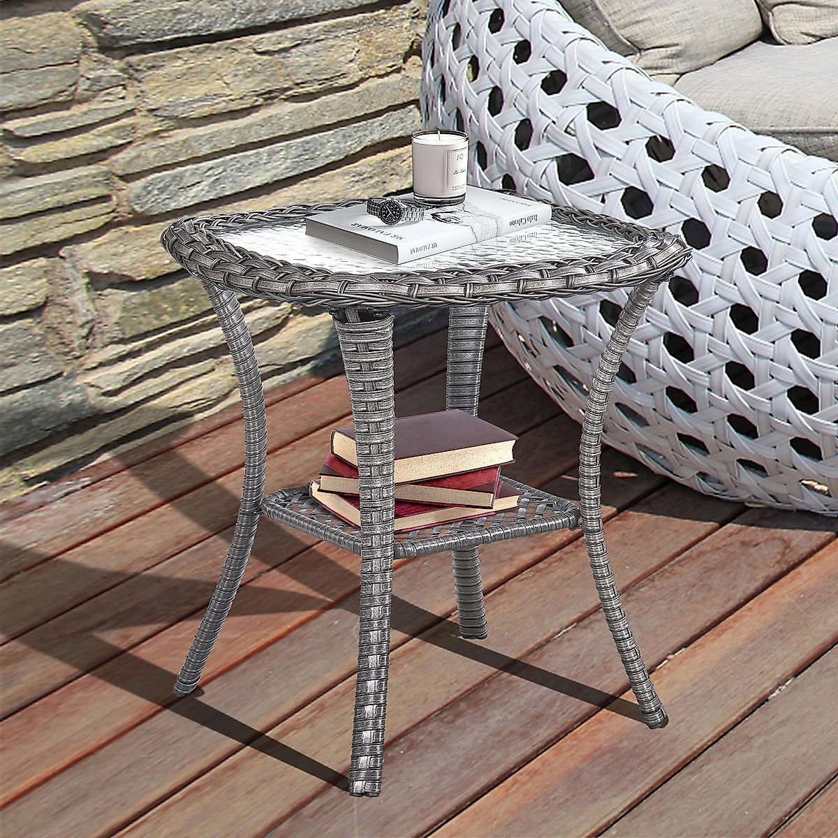 Opohoro Patio Wicker Side Table, Outdoor PE Rattan End Table with 5mm Tempered Glass Top and 2-Tier Storage Shelf, 20" Square Coffee Table for Deck Porch Garden Backyard-Grey