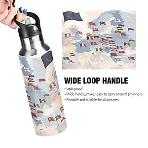 Kigai World Map Eu Country Flag Water Bottle, Outdoor Sports Bottle With Wide Mouth Straw Lid, Stainless Steel Double Wall Vacuum Insulated Flask for School Gym 20 oz
