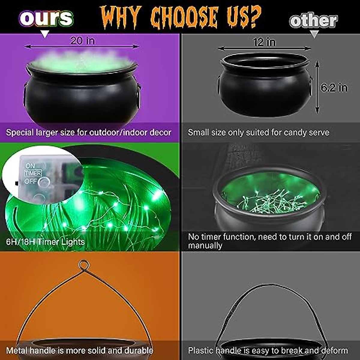 Halloween Cauldron Decorations Outdoor - Large Witches Cauldron on Tripod with Lights, Black Plastic Cauldron Decor with Timer Lights, Cauldron Witch Halloween Decorations for Porch Yard Lawn Outside