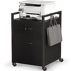 ODK File Cabinet with 2 Drawers, Mobile Office Cabinet with Lock on Wheels, Rolling Office Printer Stand Filing Cabinet for A4, Letter Sized Document with Iron Hook, Black
