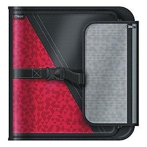Mead 2 Inch Round Ring Binder, Sewn Fabric, 3 Tab Expanding File, 4 Pockets, Red/Black (29282BJ7)