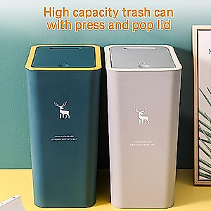 Trash Can with Lid, 15L Garbage Can with Press Spring Cover, Modern Waste Basket Portable Dustbins Narrow Waste Bin for Kitchen Bedroom Bathroom Living Room Office (Deer Style Gray)
