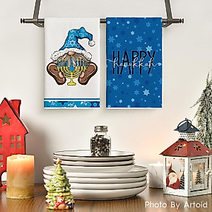 Artoid Mode Menorah Gnomes Stars Happy Hanukkah Kitchen Towels Dish Towels, 18x26 Inch Seasonal Christmas Decoration Hand Towels Set of 2