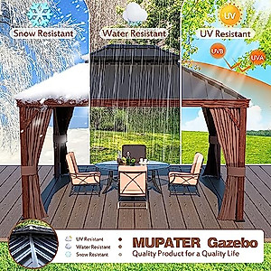 MUPATER 10' x 12' Gazebo, Wooden Finish Coated Aluminum Frame, with Double Galvanized Steel Hardtop Roof, Netting and Curtains for Garden, Patio, Lawn and Parties