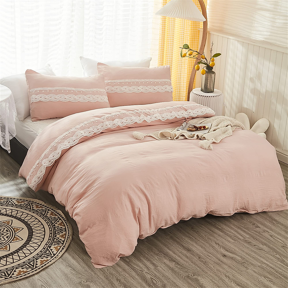 ABREEZE Washed Microfiber Laced Queen Duvet Cover Set,Vintage Grey Shabby Boho Chic Lace Farmhouse Bedding Comforter Quilt Cover 3 Pieces French Country Cottage Queen Bedding