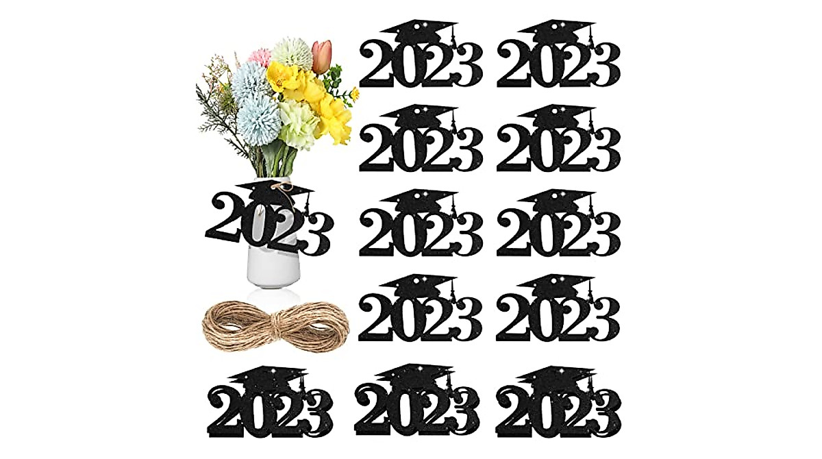 Graduation Decor 2023 - Black Glitter 24-Piece Cutouts & Jute Rope