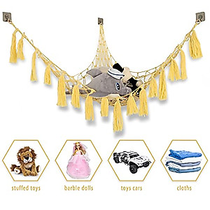 YELIENM Stuffed Animals Net or Hammock with LED Light, 59 inch Toy Hammock Net for Stuffed Animals Corner Hanging Stuffed Animal Storage Stuffed Animal Holder for Nursery Kids Bedroom (Yellow)…