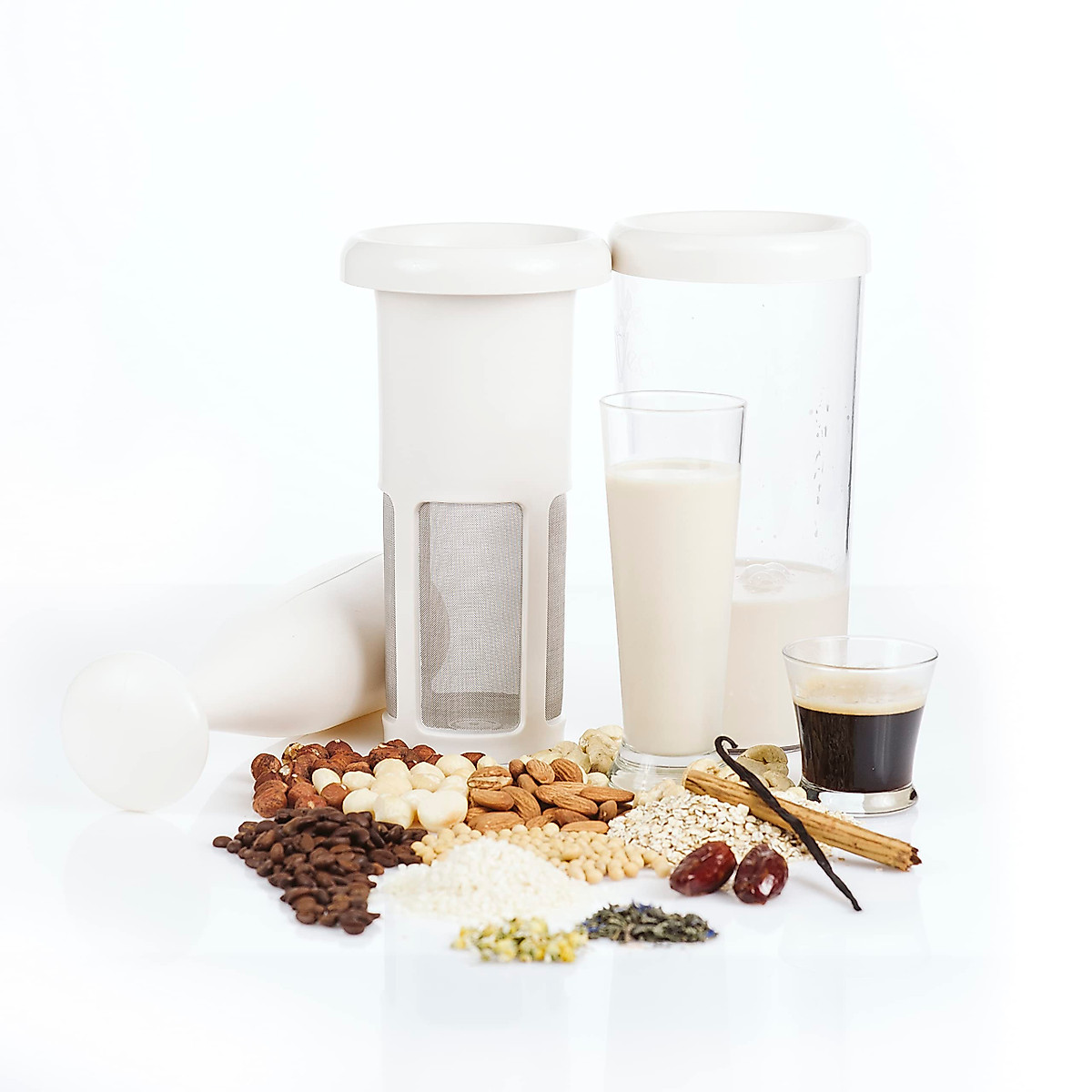 Vegan Milker by Chufamix, kitchen tool to make Plant Milks (soy, rice, oats & nut milk maker) or Coffee (from whole beans). Made in Europe. Recipe E-Book