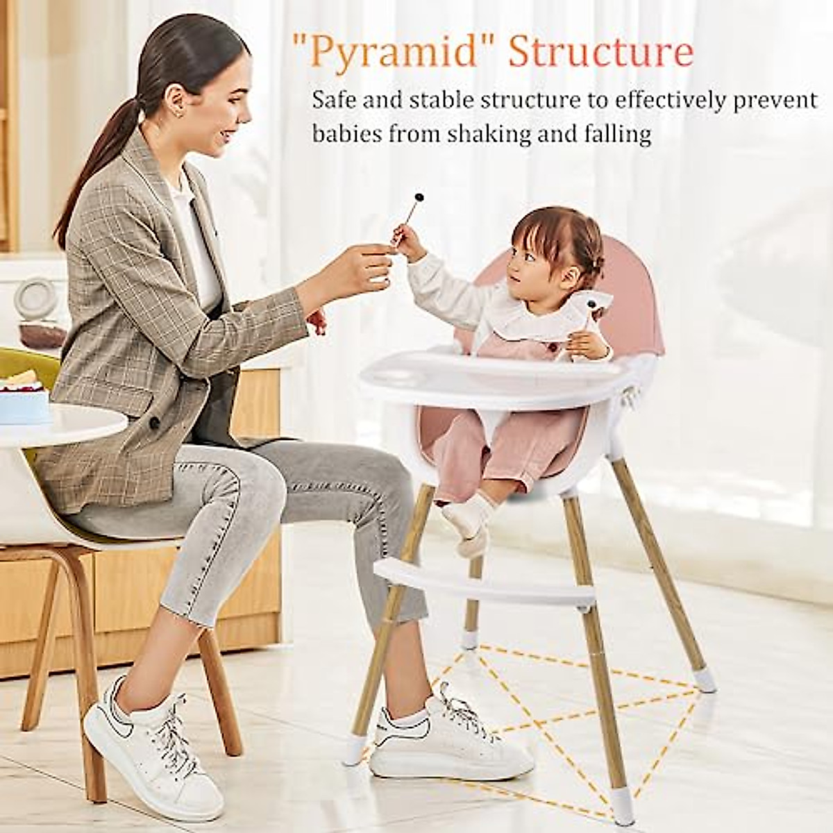 Baby High Chair, 3 in 1 High Chair for Toddlers, Convertible Infant Highchair with Removable Tray & Safety Harness, Adjustable Legs, Made of Sleek Hardwood & Premium Leatherette(Pink)