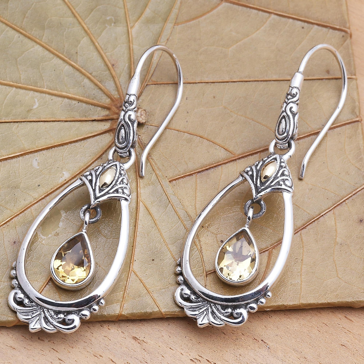 NOVICA Artisan Handmade Goldaccented Citrine Dangle Earrings with 18k Sterling Silver Indonesia Birthstone Gemstone [2 in L x 0.6 in W x 0.1 in D] ' Victoriana'