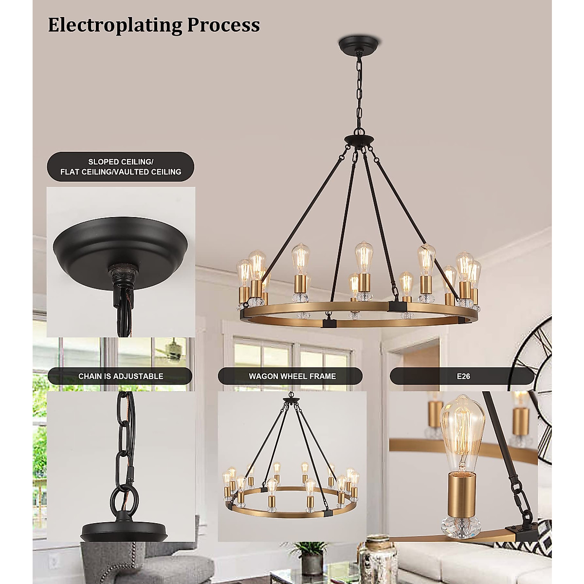 MEIXISUE Modern Farmhouse Wagon Wheel Chandeliers for Dining Room,Aged Brass Luxury Large High Ceiling Chandelier for Living room Kitchen Entryway Restaurant Office,W35.4 UL Listed