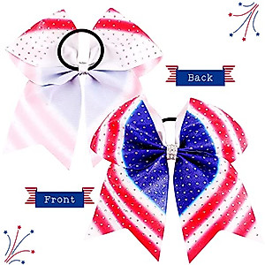 OAOLEER 6 Count USA Cheer Hair Bows, 8In Grosgrain Ribbon Boutique Large Cheerleader Bows with Elastic Tie Band for Competition, Independence Day, Girls, Teens, Kids, Blue / Red / White