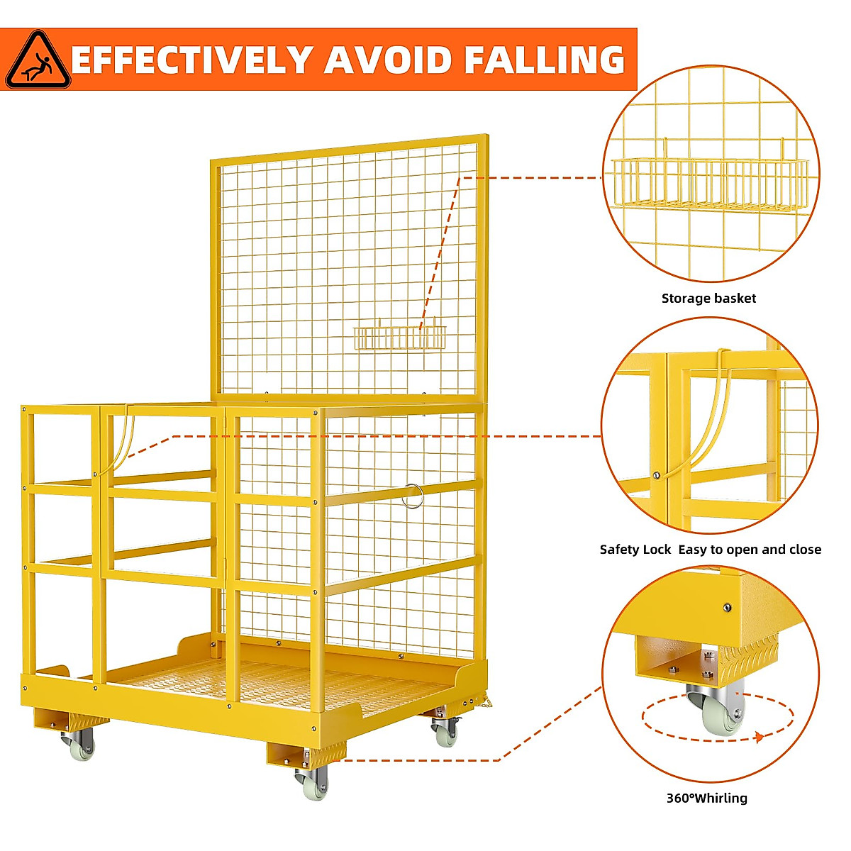 Forklift Safety Cage, 43"x45" Forklift Man Basket, 1400lbs Capacity Forklift Work Platform with Safety Harness&Lock, Drain Hole&Wheels, Collapsible Lift Basket Aerial Platform for Lifting Loader