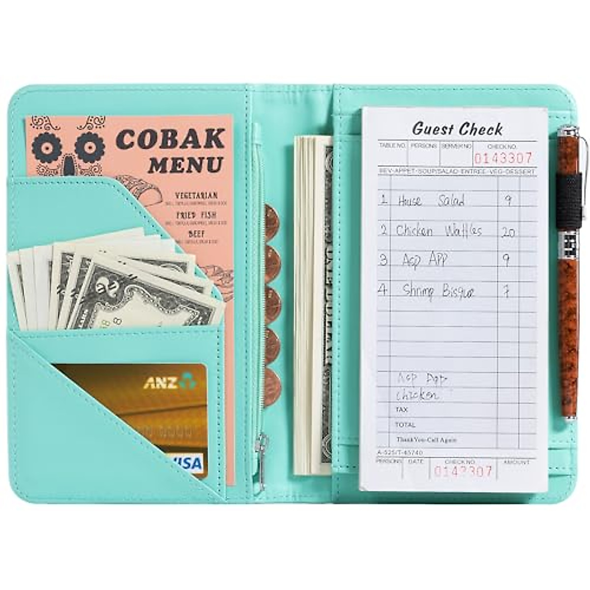 CoBak Server Book - Waitress Book Organizer with Zipper Pouch for Restaurant Waitstaff, 5 Large Pockets with Pen Holder, Mint Green.