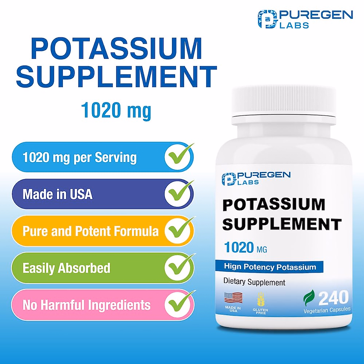 Puregen Labs Potassium Bicarbonate Supplement 1020 mg | Non-GMO | Gluten Free | Made in USA | 240 Vegetarian Capsules