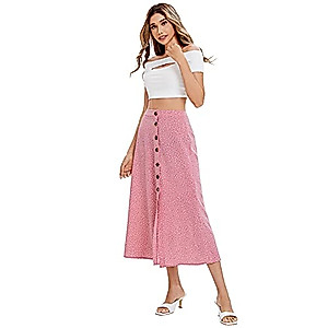 SheIn Women's Polka Dot A-Line Button Side Split Midi Knee Length Skirt Watermelon Pink Large