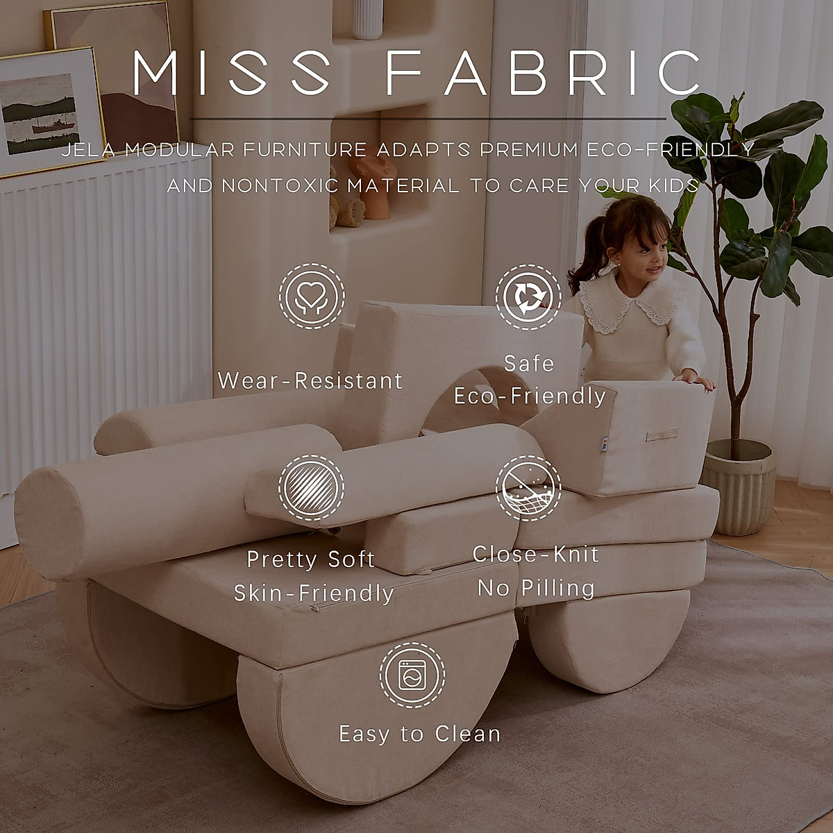 jela Kids Couch 14PCS Luxury, Floor Furniture for Adults, Playhouse Play Set for Toddlers Babies, Foam Modular Sectional Sofa (Sand Beige, 57"x28"x18")