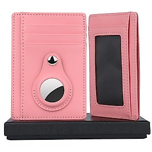 AirTag Wallet , Slim Genuine Leather RFID Blocking Minimalist Credit Card Holder , with 6 Card Slots & 1 ID/Photo Window,Anti Theft Smart airtag Wallet Holder for Men Women, Pink,
