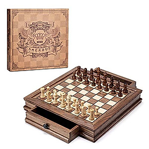 AMEROUS Magnetic Wooden Chess Set, 12.8" x 12.8" Chess Board Game with 2 Built-in Storage Drawers - 2 Bonus Extra Queens - Chess for Beginner, Kids and Adults, Gift Packaging