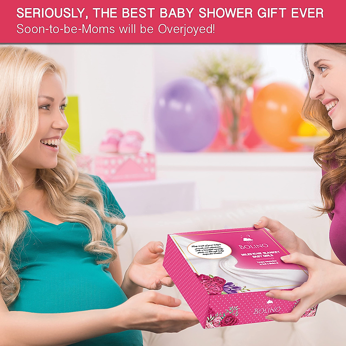 Bolino Baby Milestone Blanket for Girls Photo Prop ‎with 2 Frames, 5 Hair Bands, Flower Design in Soft ‎Minky Fleece - Baby Gift for Newborn Girl - 40x51 ‎In - Pink Flowers on White Background