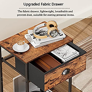 End Table with Storage Shelf and Fabric Drawer, 2 Tiers Industrial Nightstand, Retro Bedside Table Organizer, 23.6 Inch Tall Side Table for Living Room Bedroom, Rustic Brown and Black, Easy Assembly