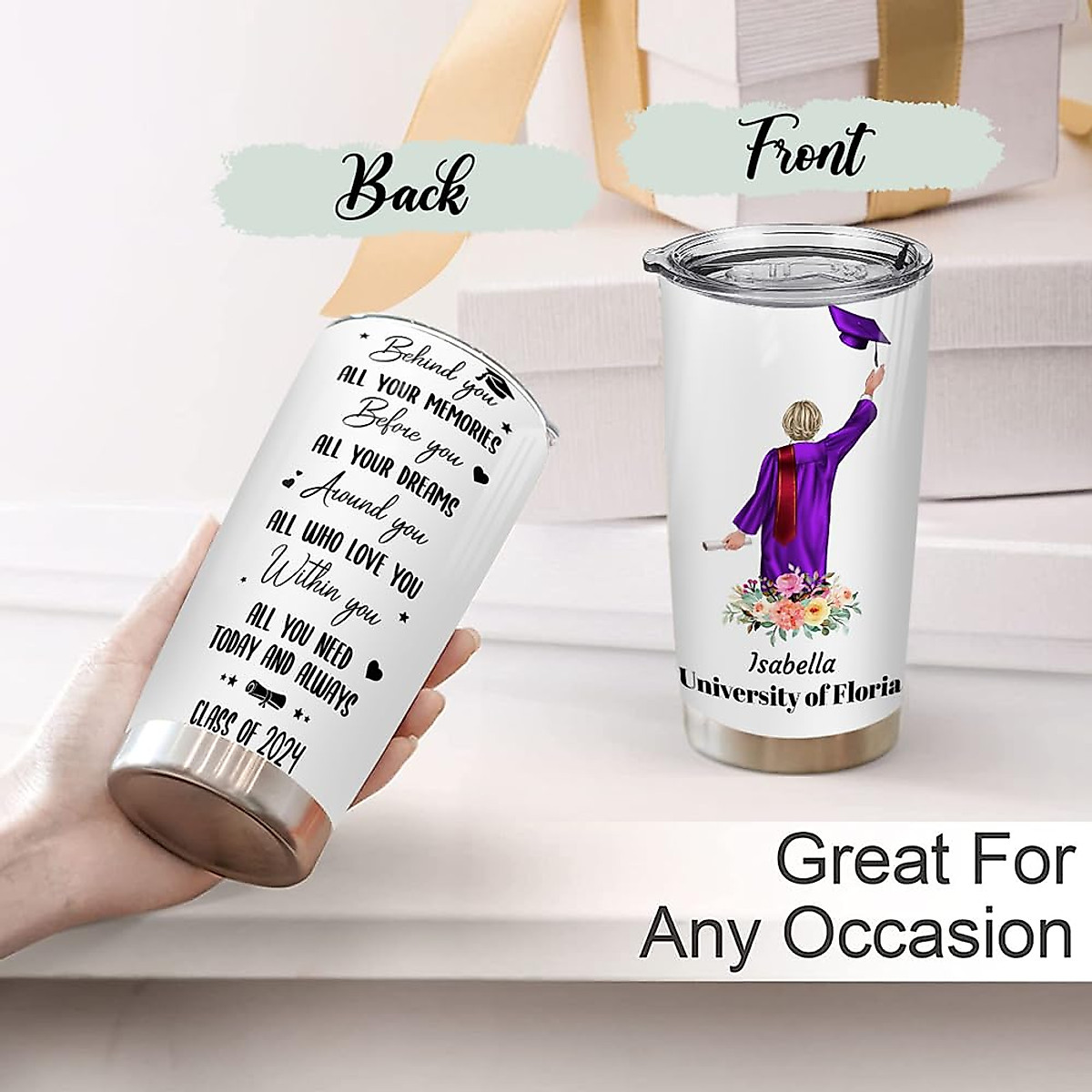wowcugi Personalized Graduation Tumbler Behind All Your Memories Class Of 2024 Custom Cups with Lid 20oz 30oz Coffee Mugs Graduation Gifts Masters Tumblers for Men Women Graduating Daughter Son