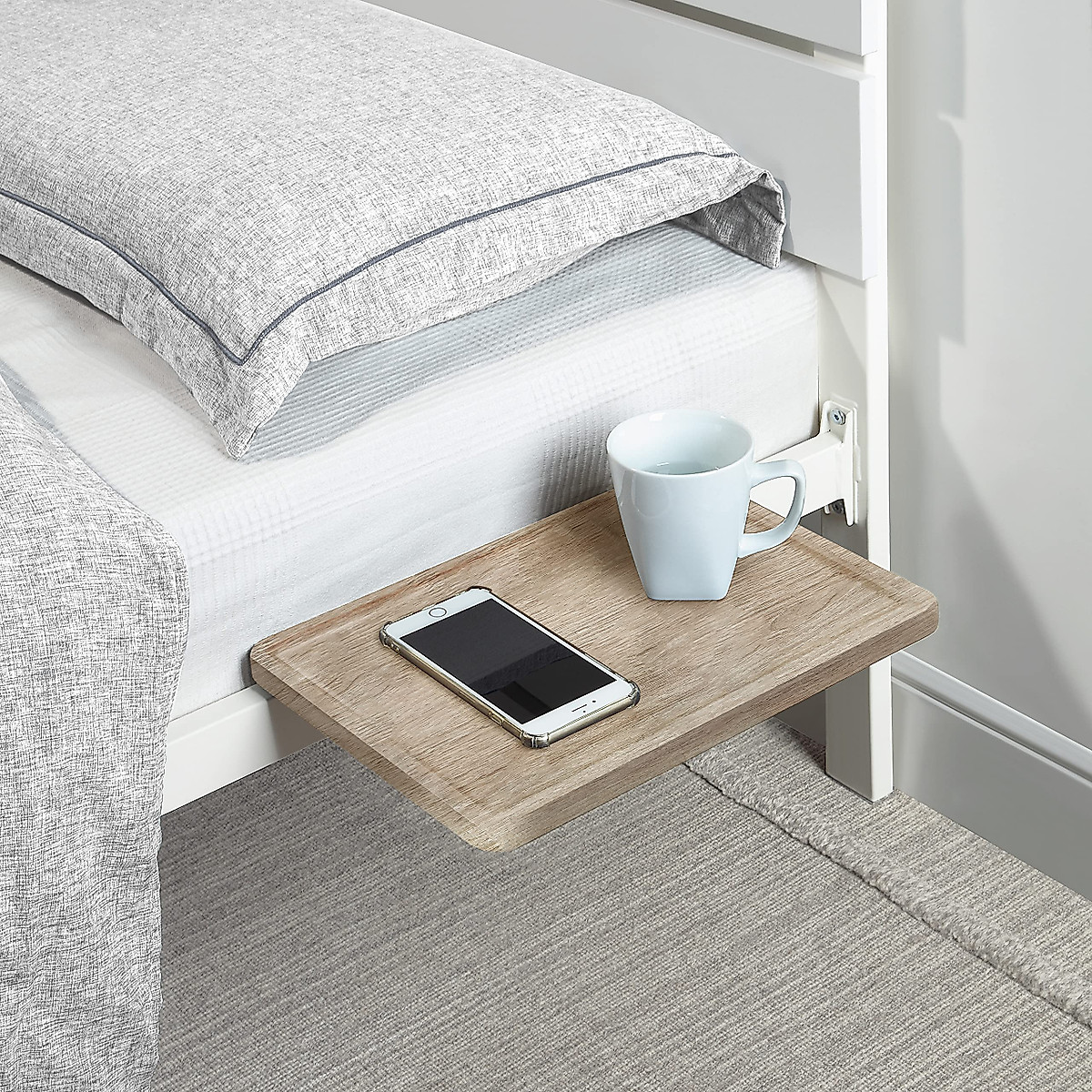 SunnyPoint Bedside Shelf, Office Divider Shelf; Clamp on Shelf for Bunk Bed, Lofts & Bed Frame. (Standard - 13.78" X 9.84" X 2.21", Natural Wood)