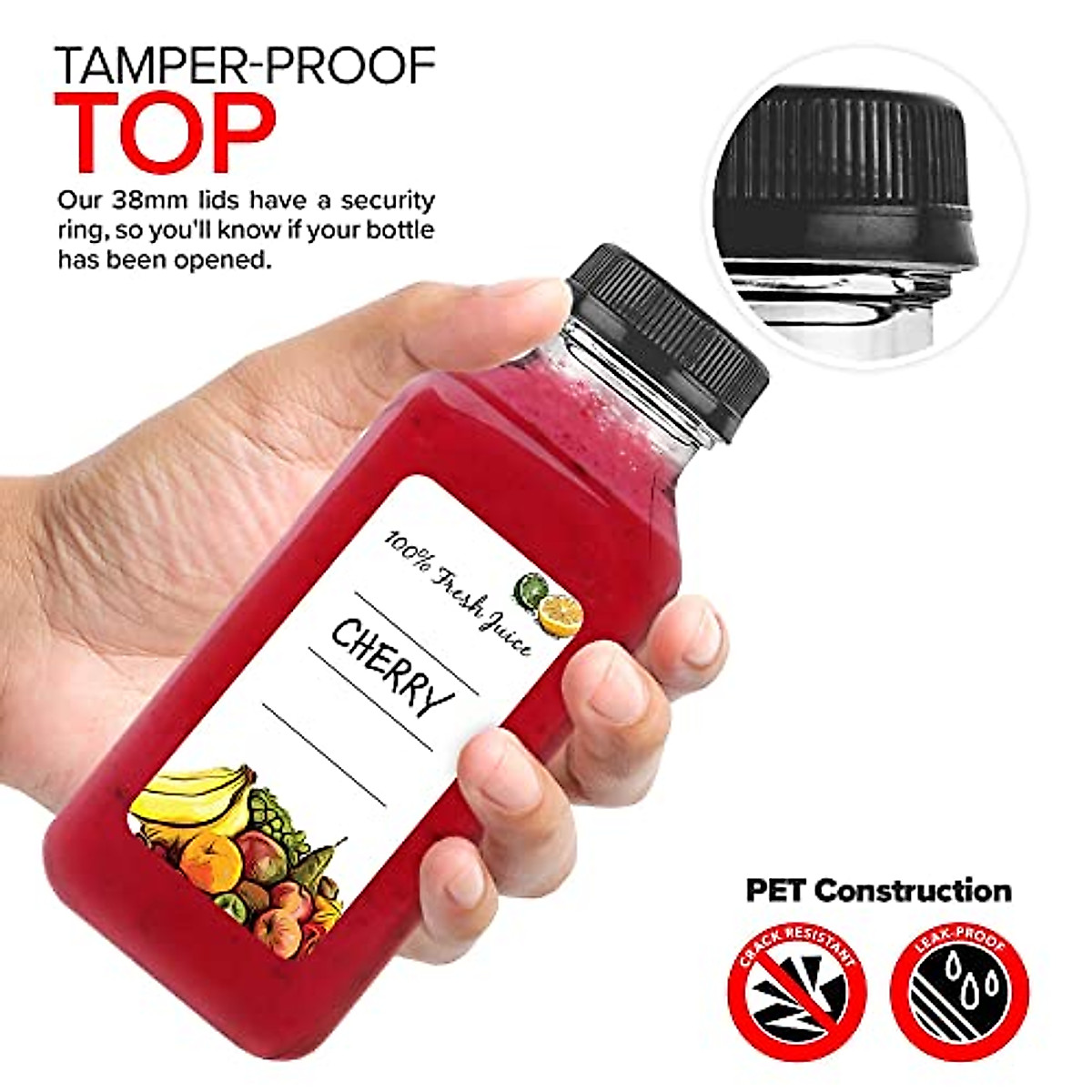 12 oz Plastic Bottles with Caps (100 pack) - Reusable Clear Empty Juice Bottles - 12 Oz Drink Containers for Mini Fridge, Juicer Shots - Mini Water Bottles - Include Labels, Brush & Funnel