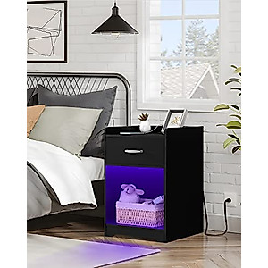 WEENFON Nightstand with Charging Station and LED Lights, Nightstands with USB Ports & Outlets, Small Night Stands for Bedroom, Black