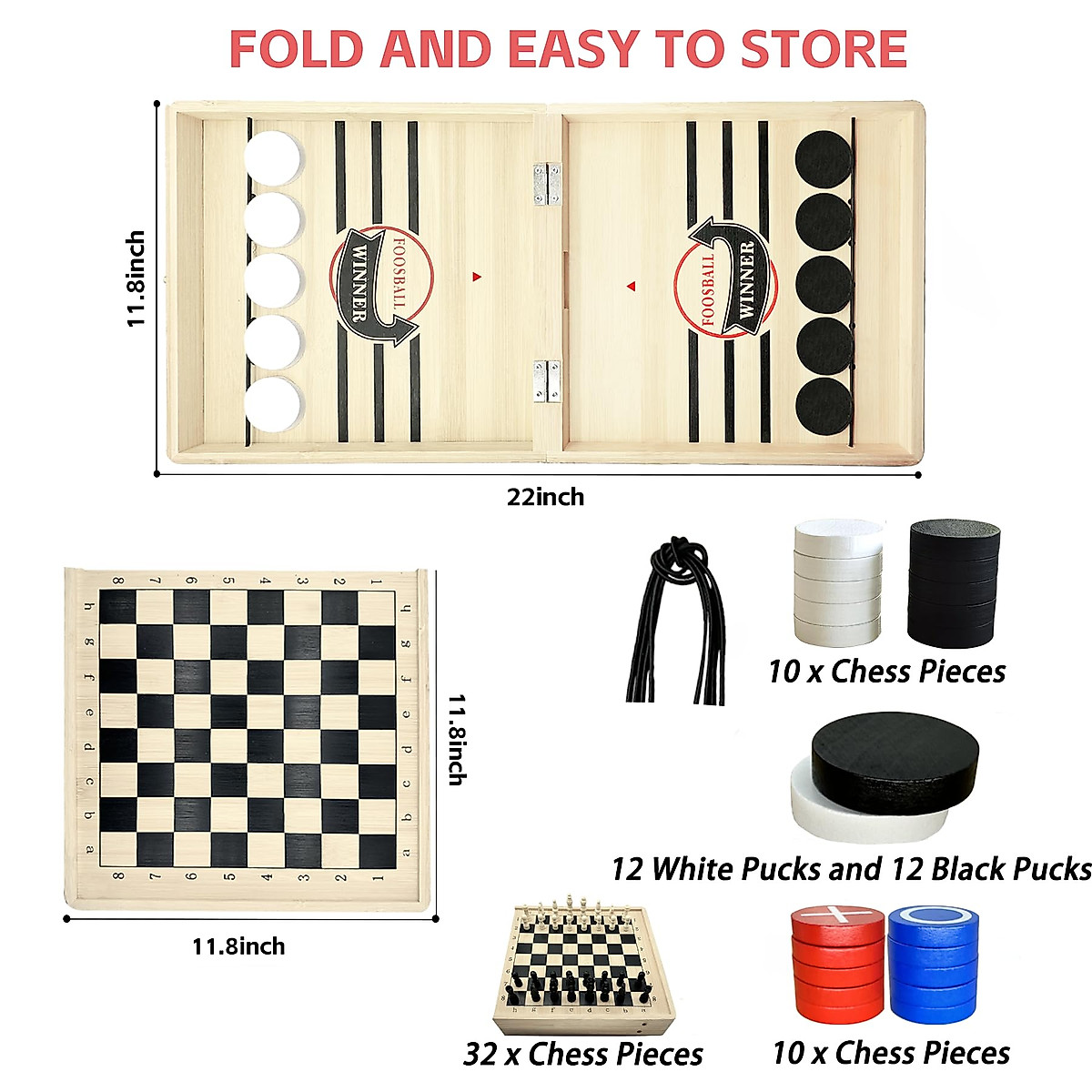 4 in 1 Board Game, Include Fast Hockey Table Game, Tic Tac Toe, Checkers Game,Slingshot Chess,Set for All Age