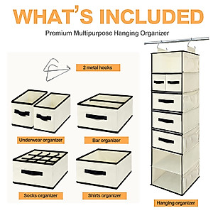 homyfort Hanging Closet Organizer with 5 Drawers and storage - 7 Shelves Organization, Foldable & Heavy Duty Clothes Storage for Wardrobe, Closet, Dorm, (49.6" H, Beige)