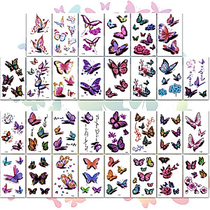 3D Butterflies and Flowers Temporary Stickers Tattoo, Colorful Body Art Tattoos for Women Kids, 126Pcs