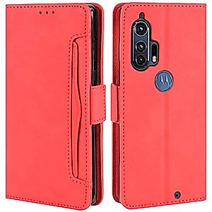 HualuBro Motorola Moto Edge Plus Case, Magnetic Full Body Protection Shockproof Flip Leather Wallet Case Cover with Card Slot Holder for Motorola Moto Edge+ Plus Phone Case (Red)