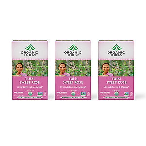 Organic India Tulsi Sweet Rose Herbal Tea - Holy Basil, Stress Relieving & Magical, Immune Support, Adaptogen, Vegan, USDA Certified Organic, Non-GMO, Caffeine-Free - 18 Infusion Bags, 3 Pack