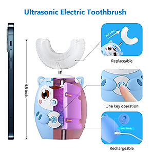 Kids U Shaped Electric Toothbrush U Shaped Automatic Toothbrushes 360° Cleaning with Six Smart Modes Auto Whitening Toothbrush IPX7 Waterproof Design for Toddler Children (8-15 Age (Blue))