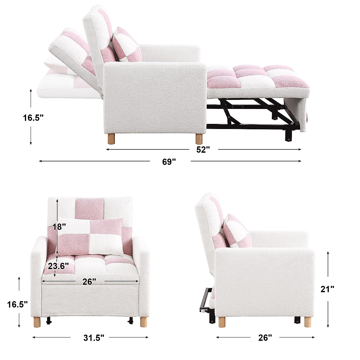 YESER Sleeper Sofa Bed, Lounge Sofa Bed Couch 3-in-1, Teddy Fabric Pull Out Sofa Bed, Convertible Sofa Bed Sleeper Chair with Pillow, Home Sofa Living Room Recliner Sofa Couch, Sofa Cama, Pink