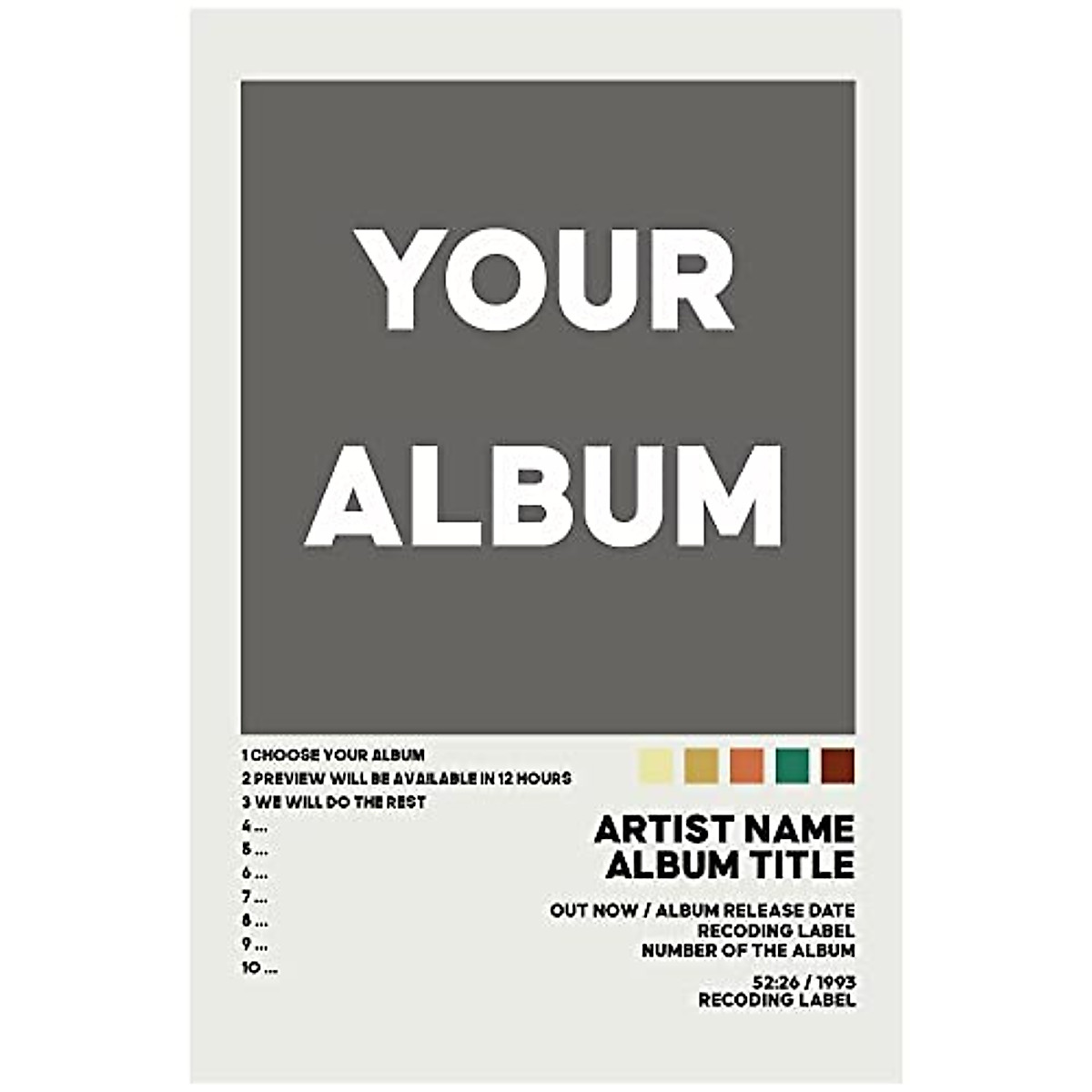 Request Your Own Album Choice, Custom Album Tracklist Cover Poster No Frame, Canvas 0.75 In, Wall Art Print Home Decor, Personalized Customized Gifts Idea Family, Friend, 12 x18 , 16x24, 24x36 inch