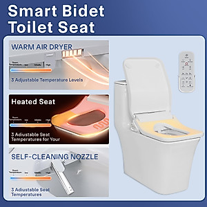 KERDE 08A Electric Bidet Toilet Seat,Remote Control,Warm Water Cleansing, Heated Seat,Adjustable Temperature Settings, Moving Nozzle Massage,White,Night Light,Bidets for Existing Toilets.Square