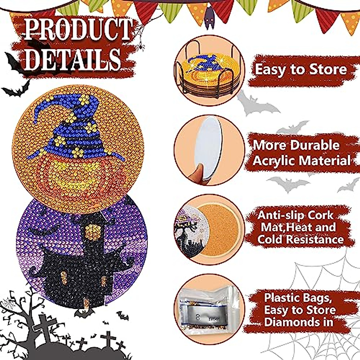 8 Pcs Halloween Diamond Painting Coasters for Drinks, DIY Diamond Painting Kits with Holder Cork Pad, Diamond Art Coasters for Beginners Kids Adults Halloween Spooky Party Art Craft Supplies