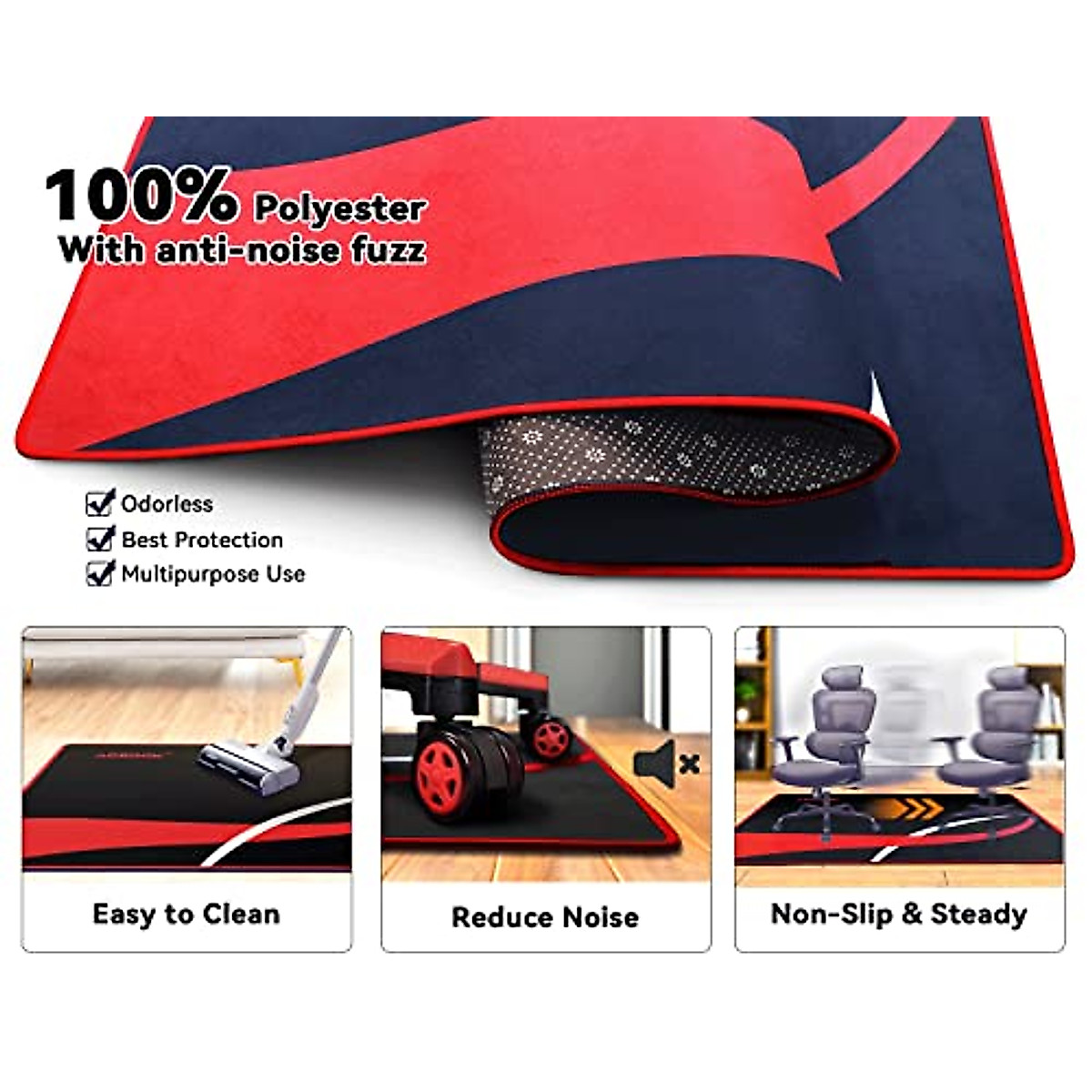 AOBOOK Gaming Chair Mat for Hardwood Floor, 36"x48" Office Chair Floor Mat for Hardwood/Tile, Large Anti-Slip Floor Protector with Double-Sided Tape for Home Ofice, Red