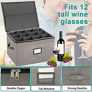 Xmasorme Stemware Storage Cases,Wine Glass Storage Box with Dividers 2 Pack,Hard Shell China Storage Containers for 12 Red Wine Glasses with Label Window,Handles