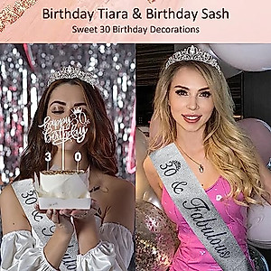 Hapdoo 30th Birthday Decorations women, Including 30th Birthday Rhinestone Crown Tiara, 30&Fabulous Sash with Pearl Pin, Happy Birthday Cake Topper and Number Candles, 30th Birthday Gifts for women, Silver
