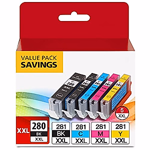 PGI-280XXL/CLI-281XXL 5 Color Value Pack Replacement for Canon 280 281 Ink Cartridges Compatible with PIXMA TR7520 TR8520 TS6120 TS6220 TS8120 TS8220 TS9120 TS9520 TS6320 TS9521C Printer